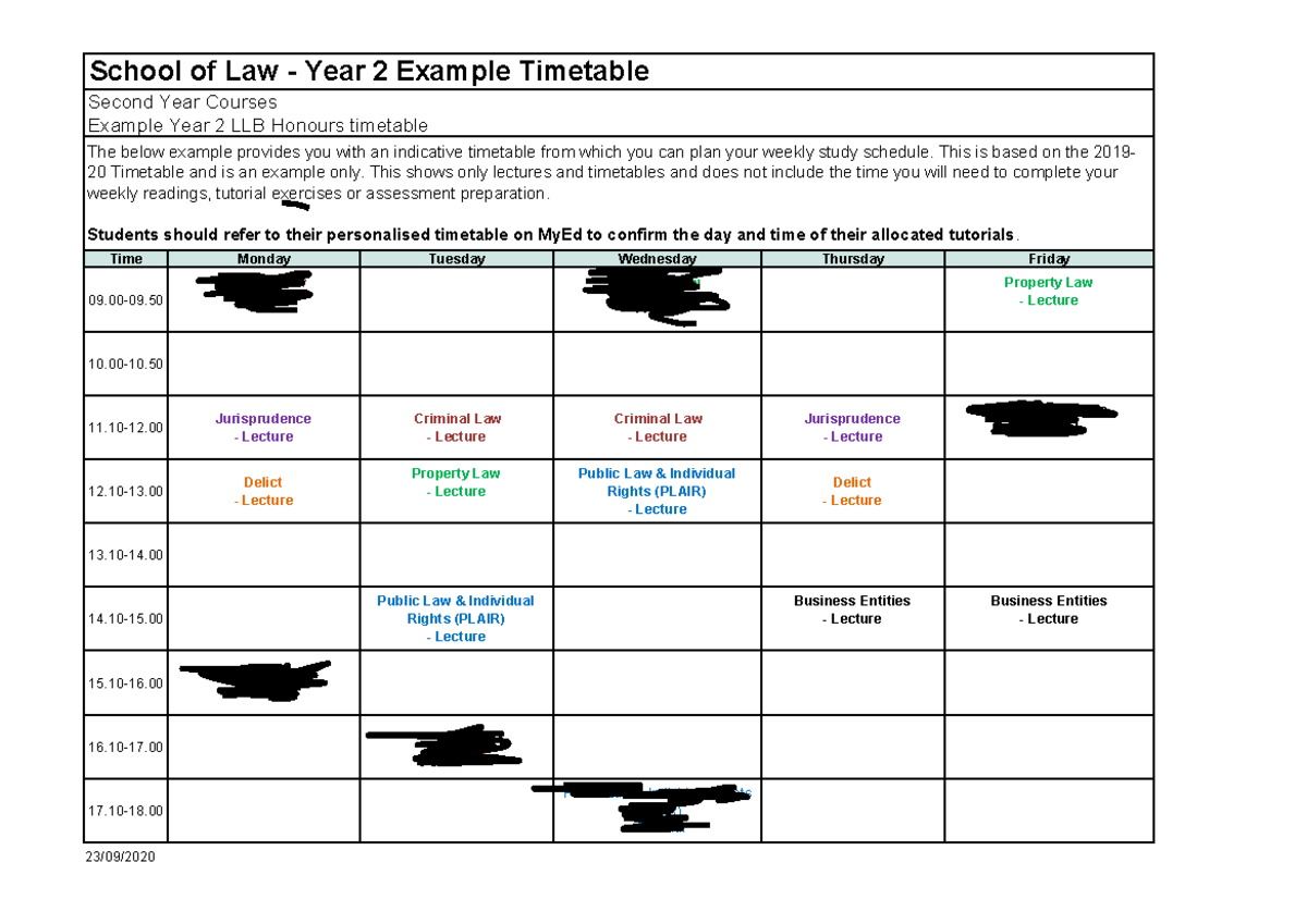 Timetable - Second Year Courses Example Year 2 LLB Honours timetable ...
