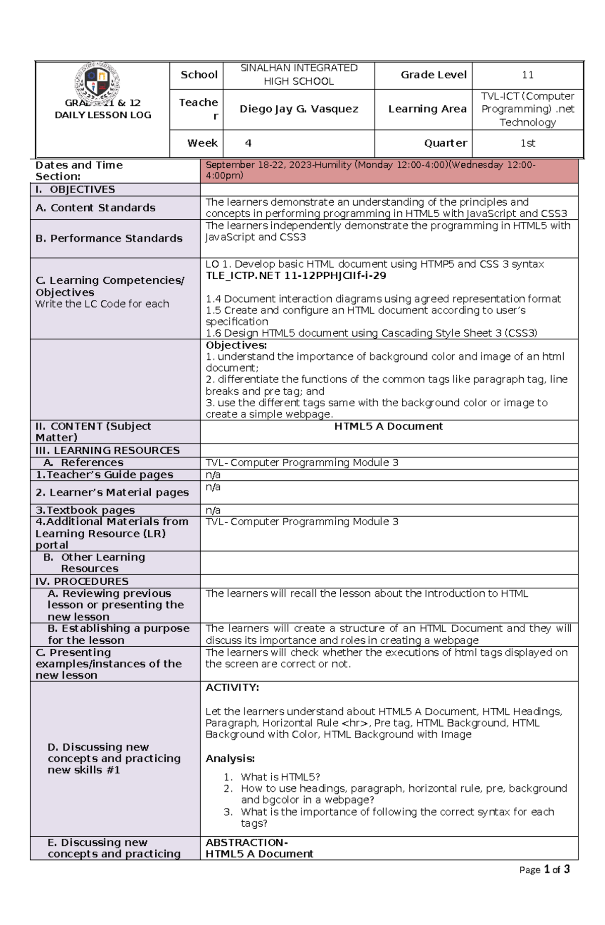 CP (.net Technology) DLL Q1 W4 - GRADE 11 & 12 DAILY LESSON LOG School ...