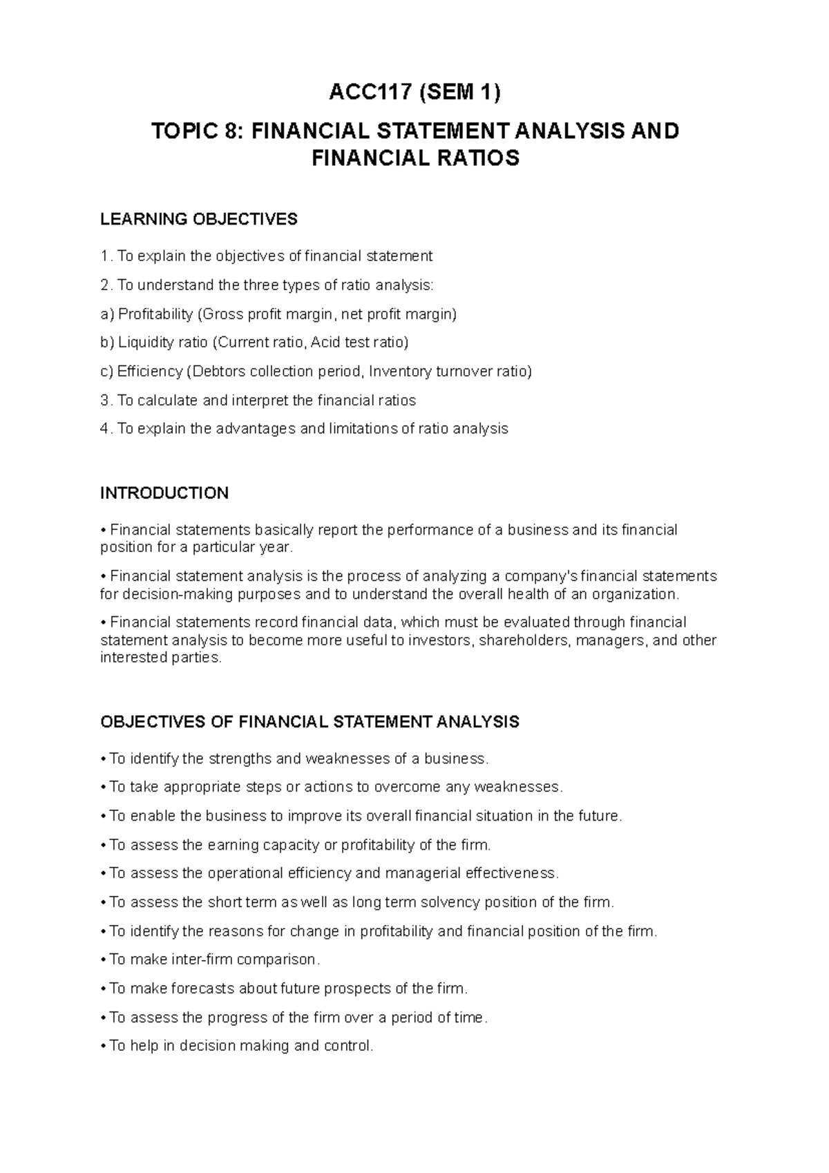 Acc117 topic 8 - ACC117 (SEM 1) TOPIC 8: FINANCIAL STATEMENT ANALYSIS ...