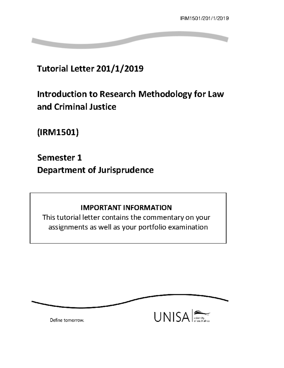 Portfolio IRM1501 2019 - Tutorial Letter 201/1/ 2019 Introduction to ...
