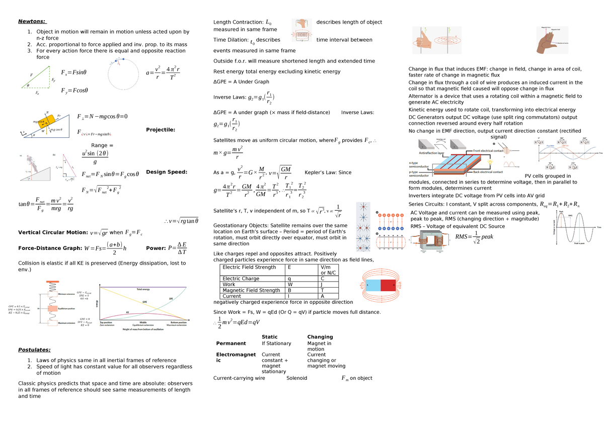Exam cheat sheet - Newtons: 1. Object in motion will remain in motion ...