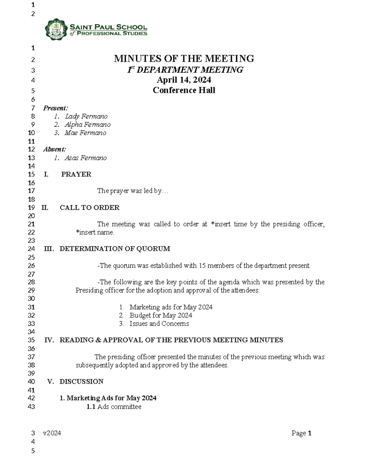 Template Minutes OF Meeting - MINUTES OF THE MEETING 1 st DEPARTMENT ...