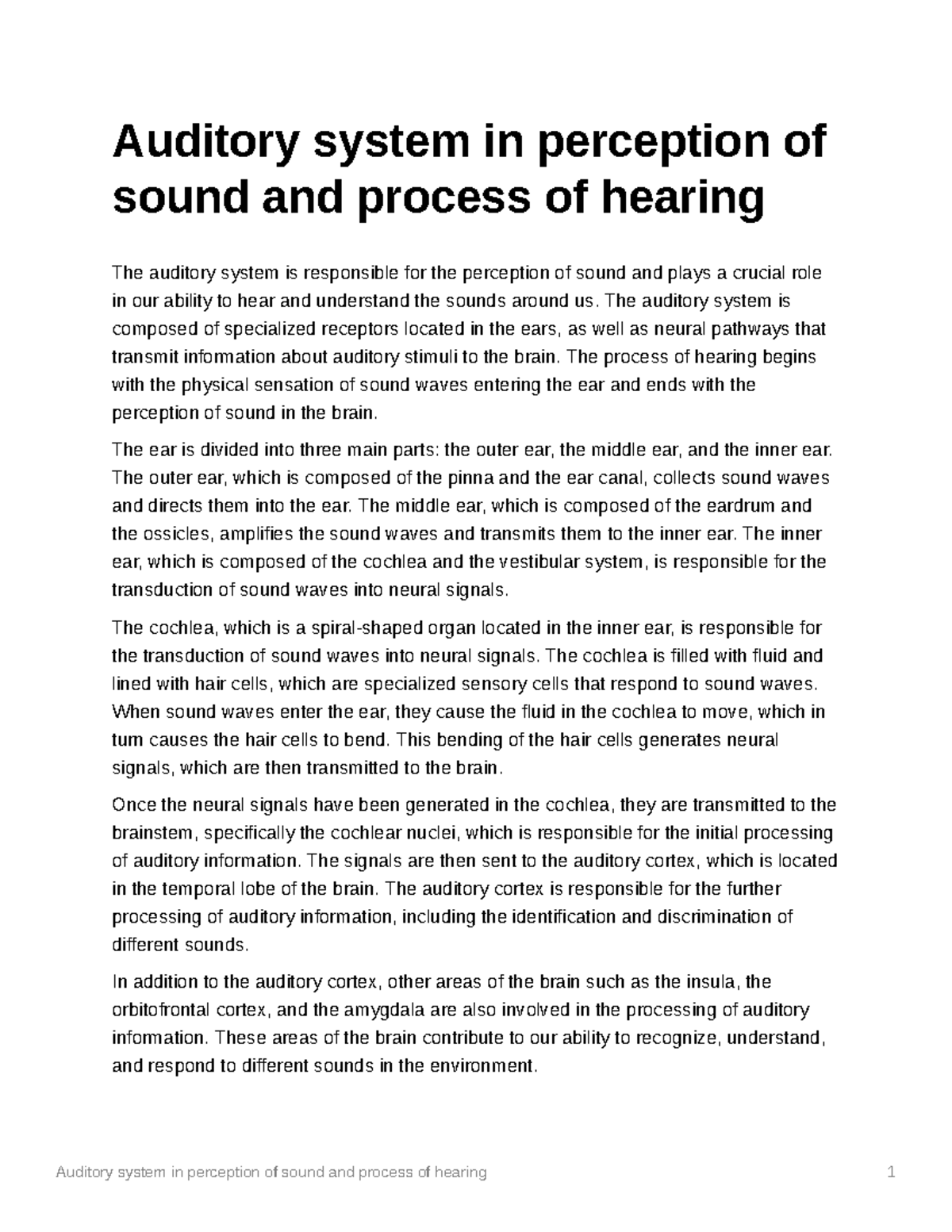 Auditory system in perception of sound and process of hearing - The ...