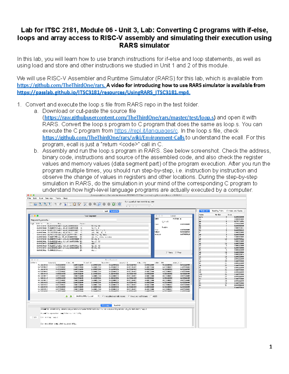 ITSC2181-Lab-Module 06-Unit3-Lab-RISC-Vwith RARS Instructions - Lab for ITSC 2181, Module 06 ...