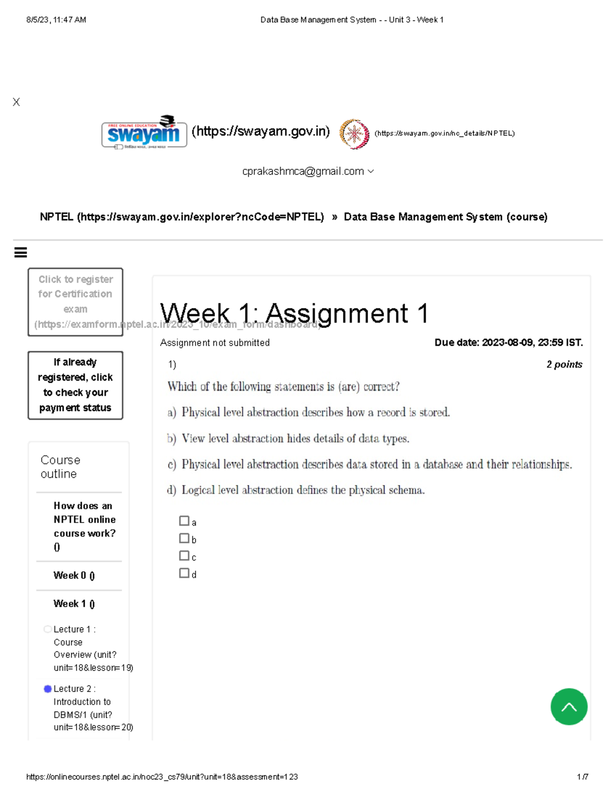 Data Base Management System - Unit 3 - Week 1 - X NPTEL (swayam.gov ...