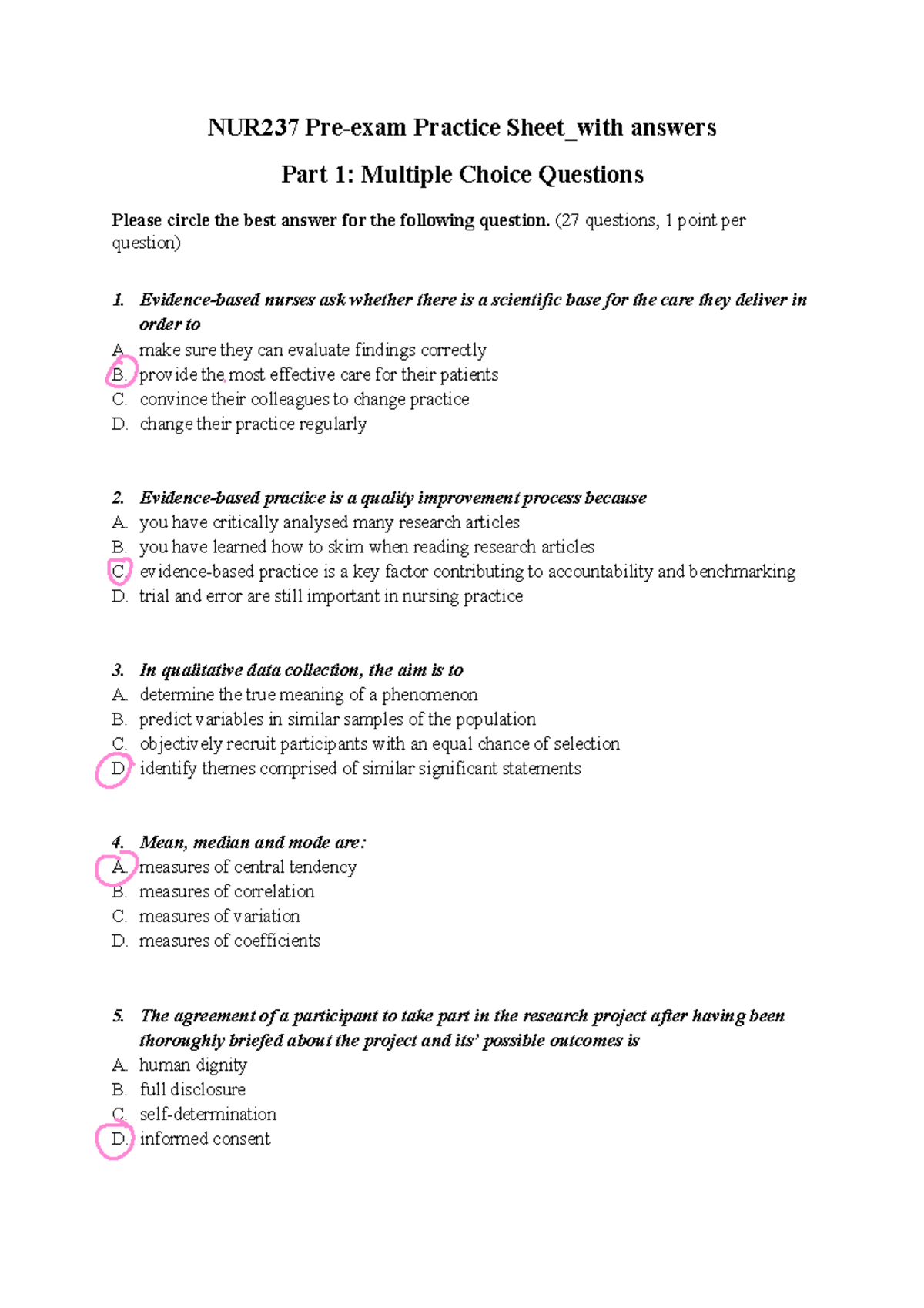 NUR237 Pre exam practice sheet week 9 - ####### NUR237 Pre-exam ...
