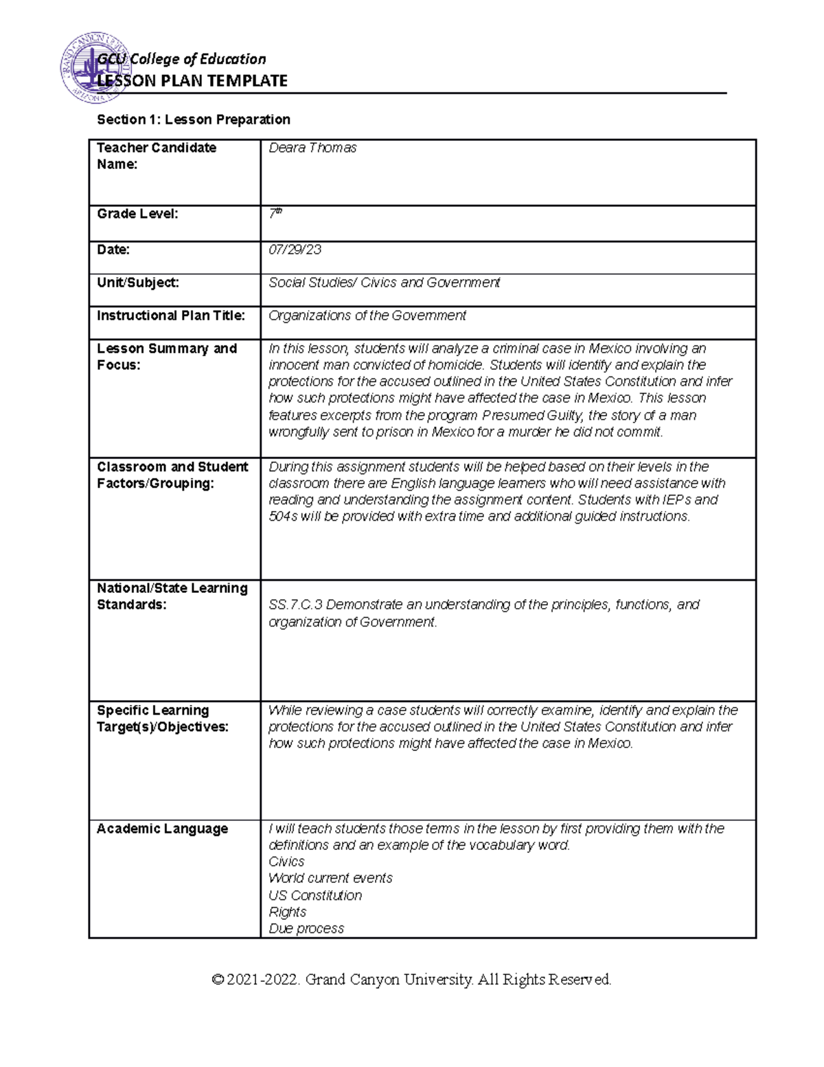 Civics Government Lesson Plan - LESSON PLAN TEMPLATE Section 1: Lesson ...