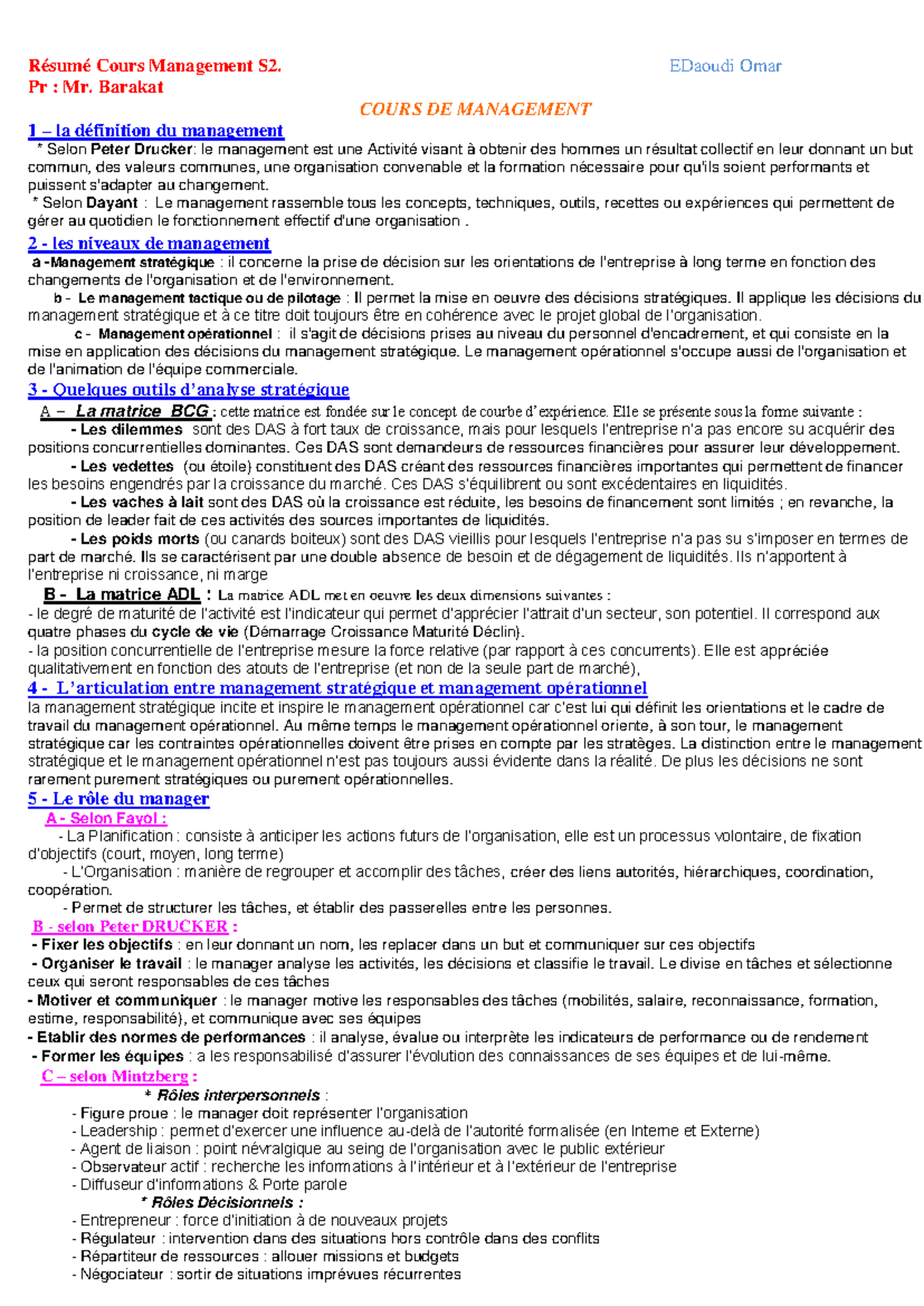 Resume Cours Management S2 - Pr : Mr. Barakat COURS DE MANAGEMENT 1 ...
