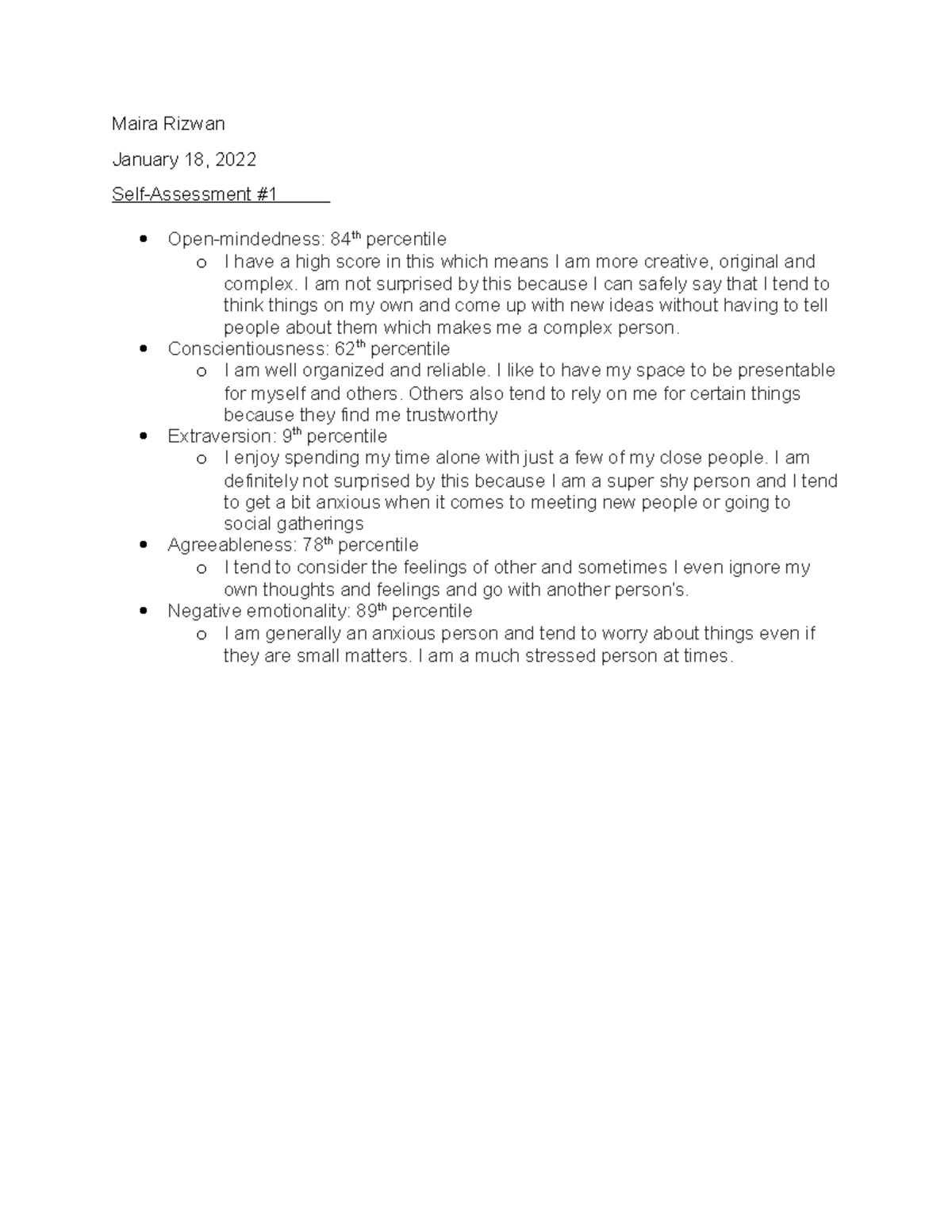 Self asses #1 - Maira Rizwan January 18, 2022 Self-Assessment # Open ...