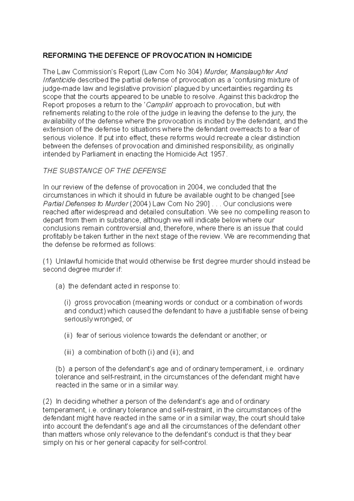 Reforming THE Defense OF Provocation IN Homicide - REFORMING THE ...