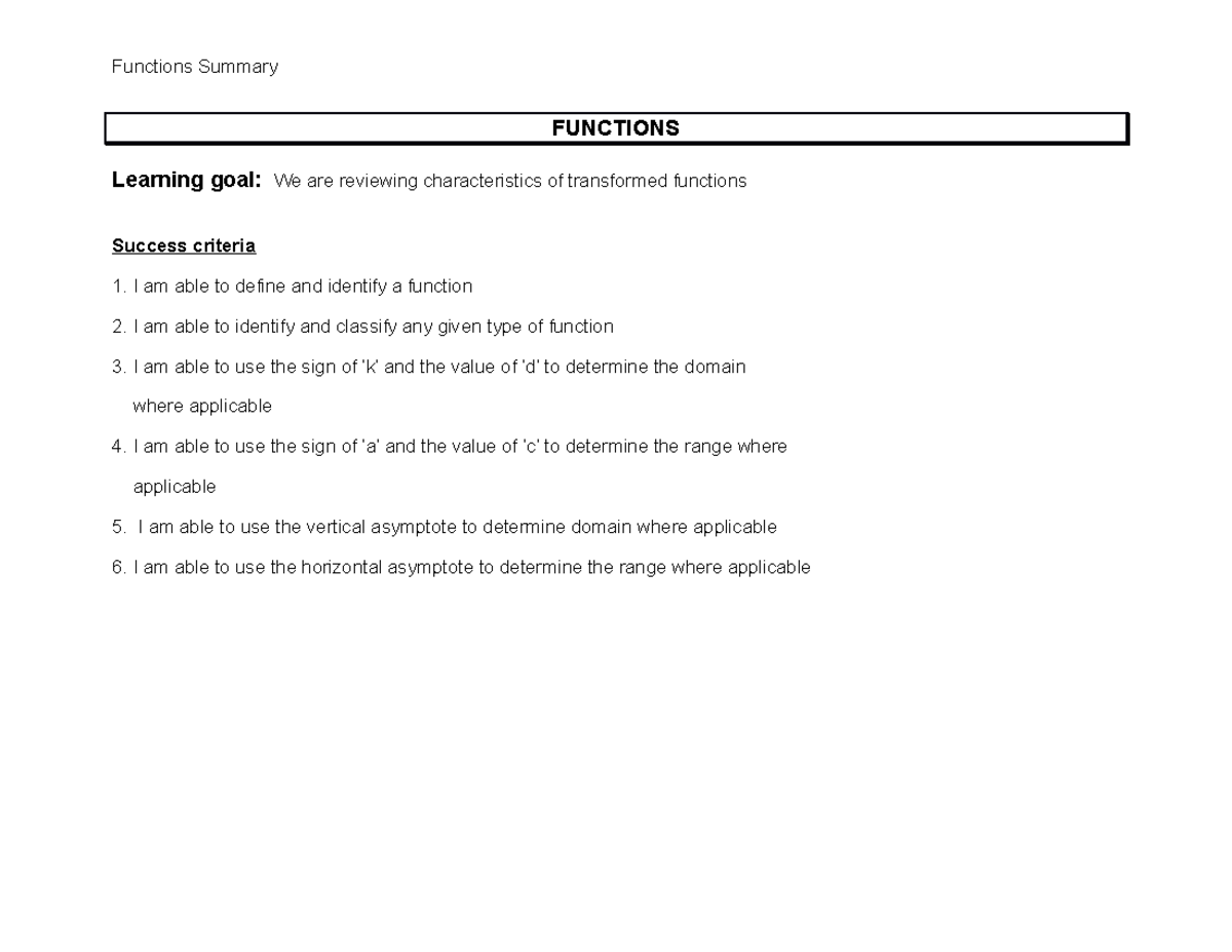 Lesson 1 - MHF4U Chapter 1 Review part 23 - FUNCTIONS Learning goal: We ...