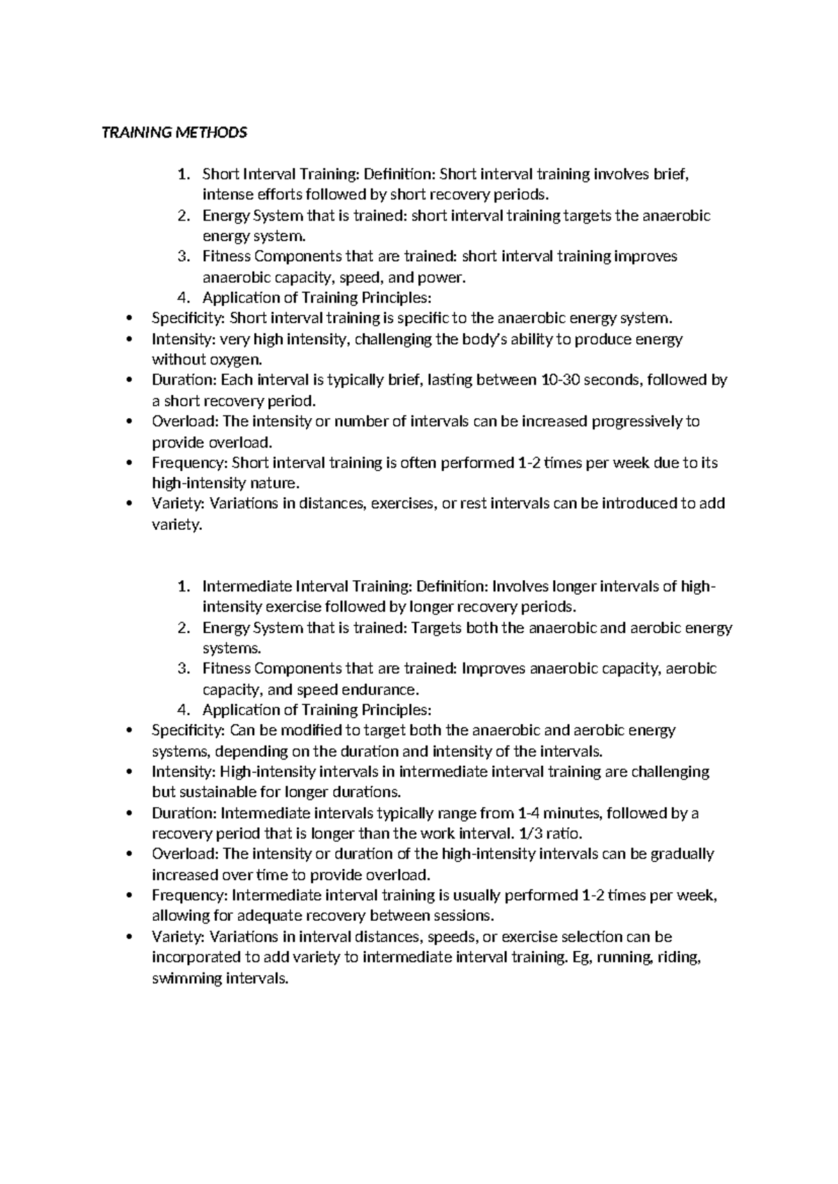 Cue Cards PE - pe study notes - TRAINING METHODS 1. Short Interval ...