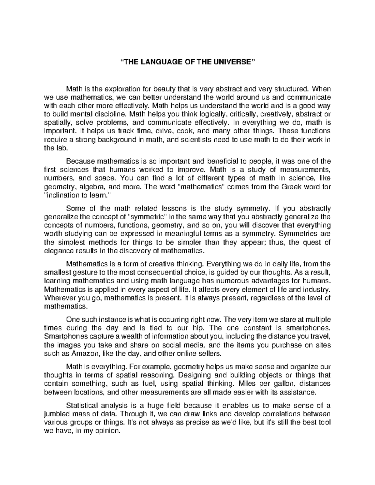 THE Language OF THE Universe - “THE LANGUAGE OF THE UNIVERSE” Math is ...