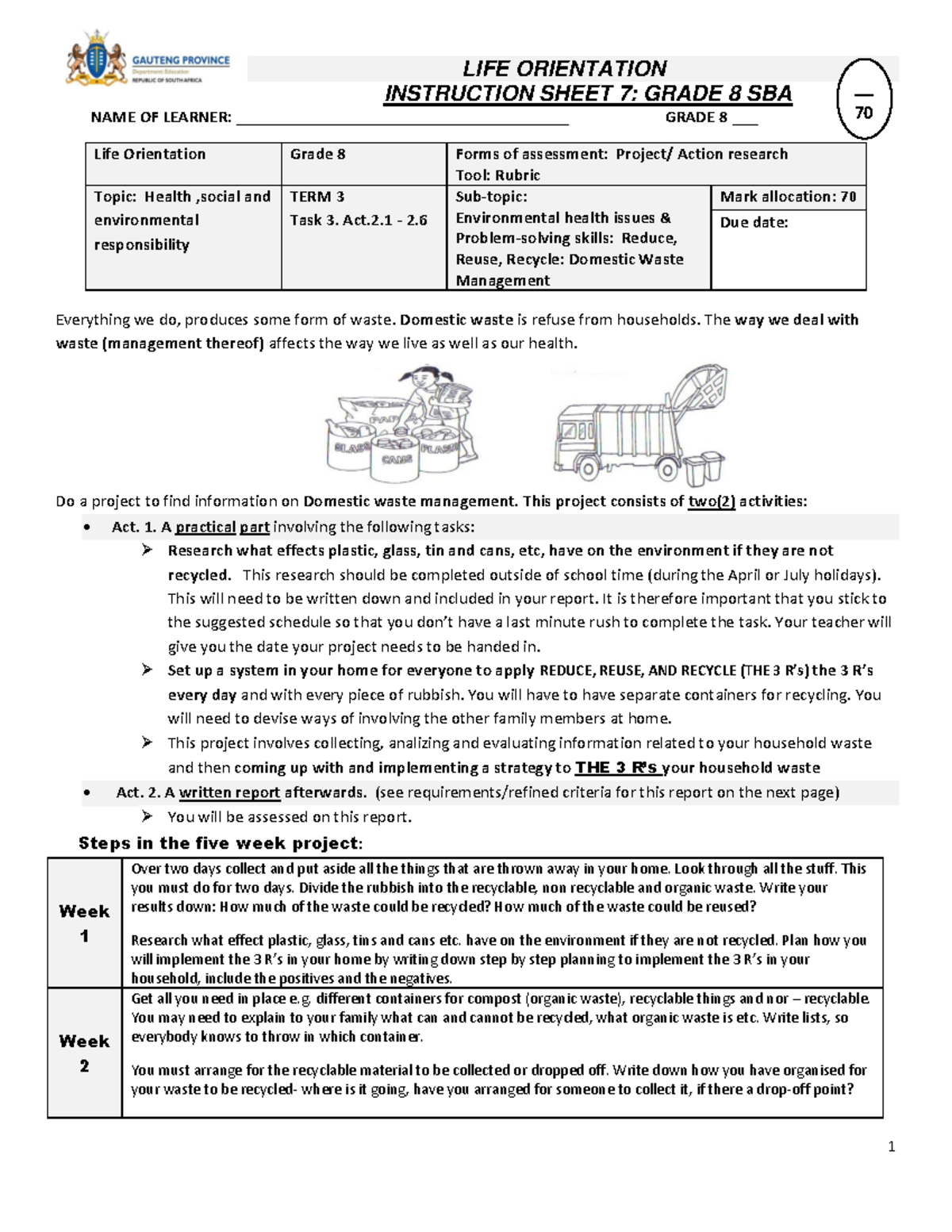 Gr. 8 SBA Environmental health issues - 1 LIFE ORIENTATION INSTRUCTION ...