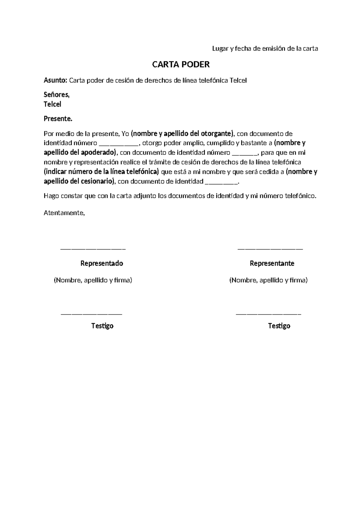 Carta Poder para ceder derechos de linea telefonica Telcel - Lugar y ...