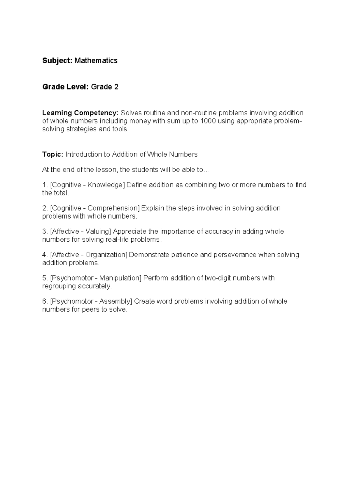 Learning competency filipino - Subject: Mathematics Grade Level: Grade ...