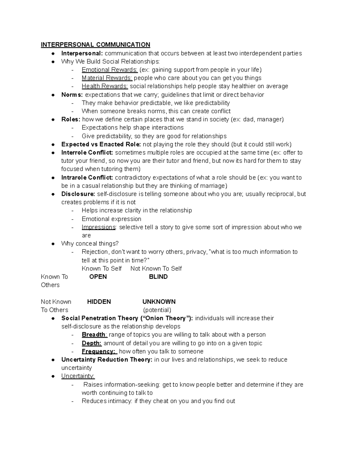 COMM 1000 Exam #2 - Stefano All Material on Exam #2 - INTERPERSONAL COMMUNICATION Interpersonal ...