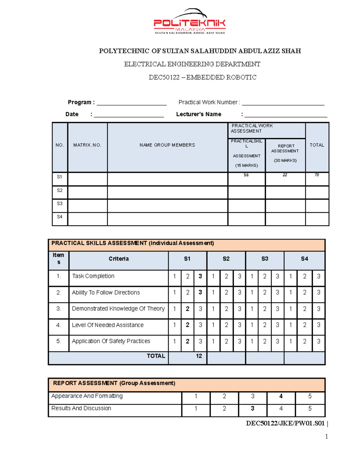 PW1 Embedded Robotic DEC50122 - POLYTECHNIC OF SULTAN SALAHUDDIN ABDUL AZIZ SHAH ELECTRICAL ...
