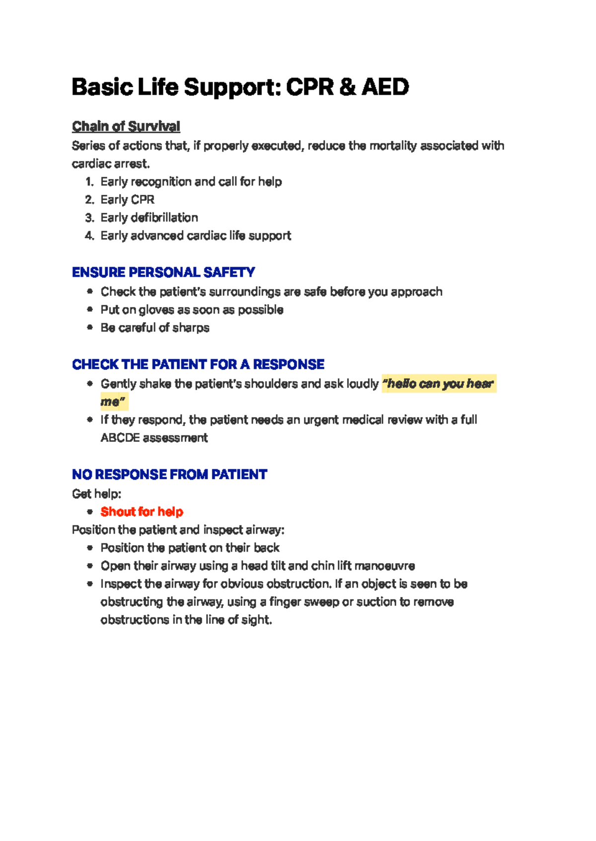 Basic Life Support CPR, AED - B a s i c L i fe S u p p o r t : C P R ...