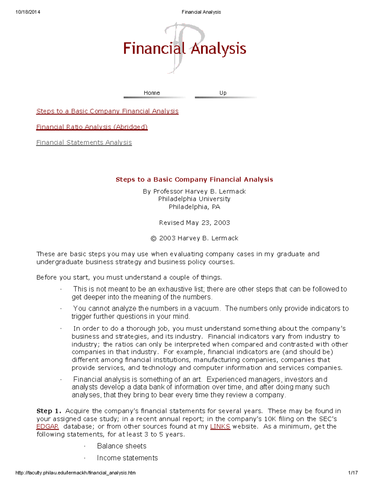 Financial Analysis - Step by step - 10/18/2014 Financial Analysis Steps ...