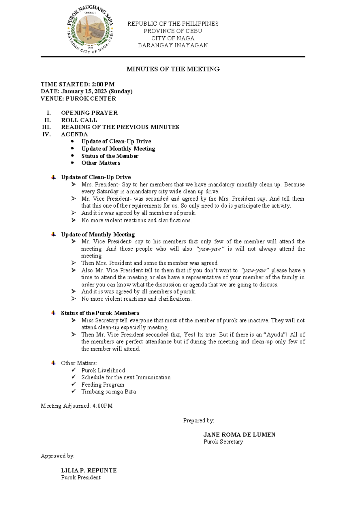 Minutes OF THE Meeting- Purok - PROVINCE OF CEBU CITY OF NAGA BARANGAY ...