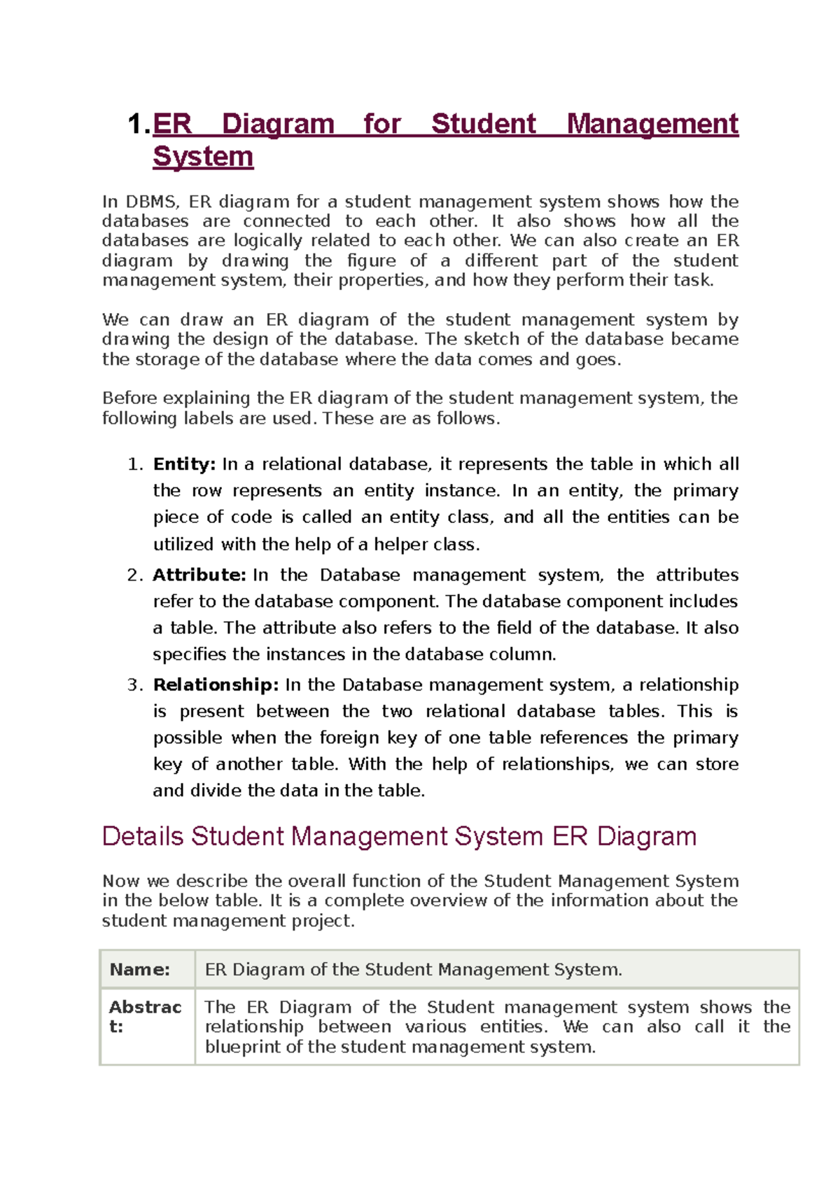 UNIT 1 ER Diagram - 1 Diagram for Student Management System In DBMS, ER ...