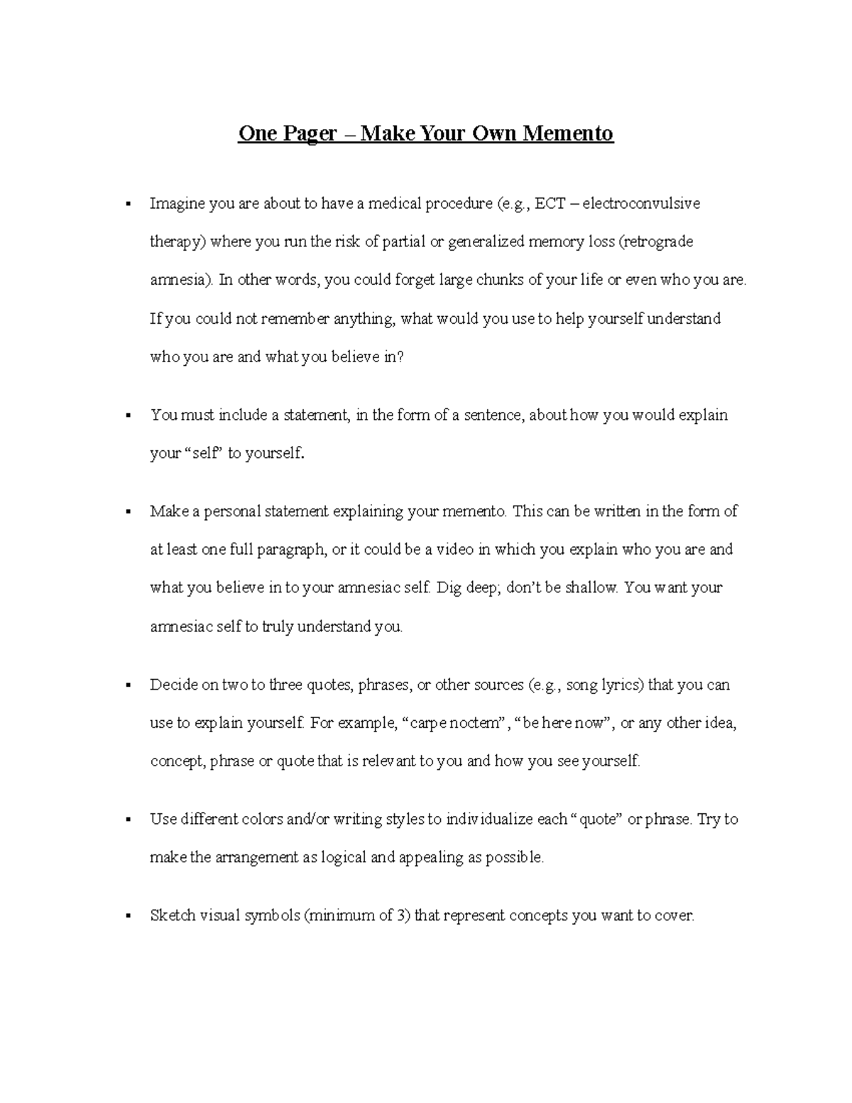 One Pager - Memory and Identity - One Pager – Make Your Own Memento ...