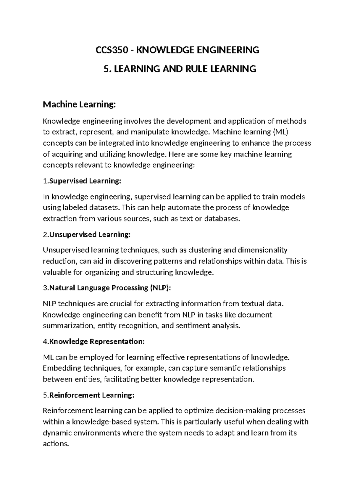 Knowledge engineering - unit 5 - CCS350 - KNOWLEDGE ENGINEERING 5. LEARNING AND RULE LEARNING ...