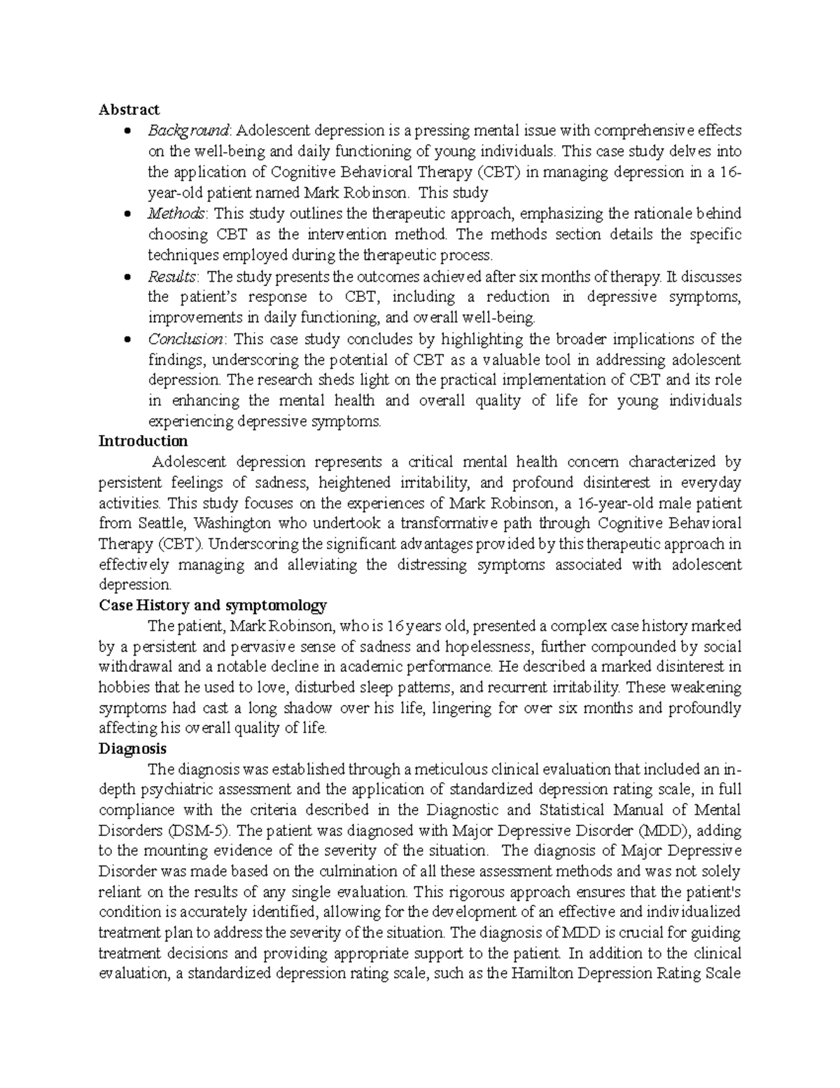 Case Study Assigment - Abstract - Background: Adolescent depression is ...