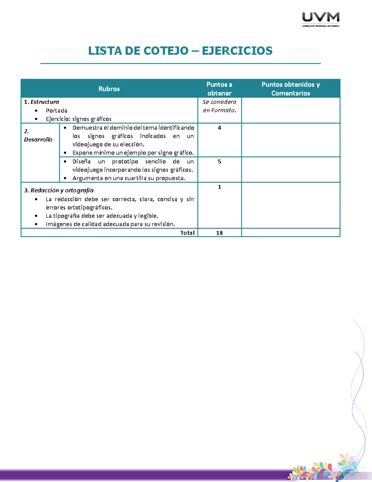 LC Ejercicios A1 - LISTA DE COTEJO – EJERCICIOS Rubros Puntos a obtener Puntos obtenidos y - Studocu