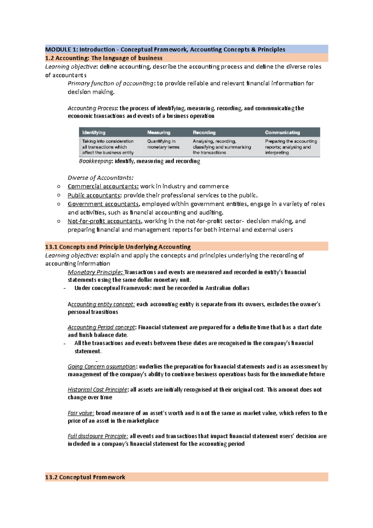 ACCT1006 Notes - MODULE 1: Introduction - Conceptual Framework ...