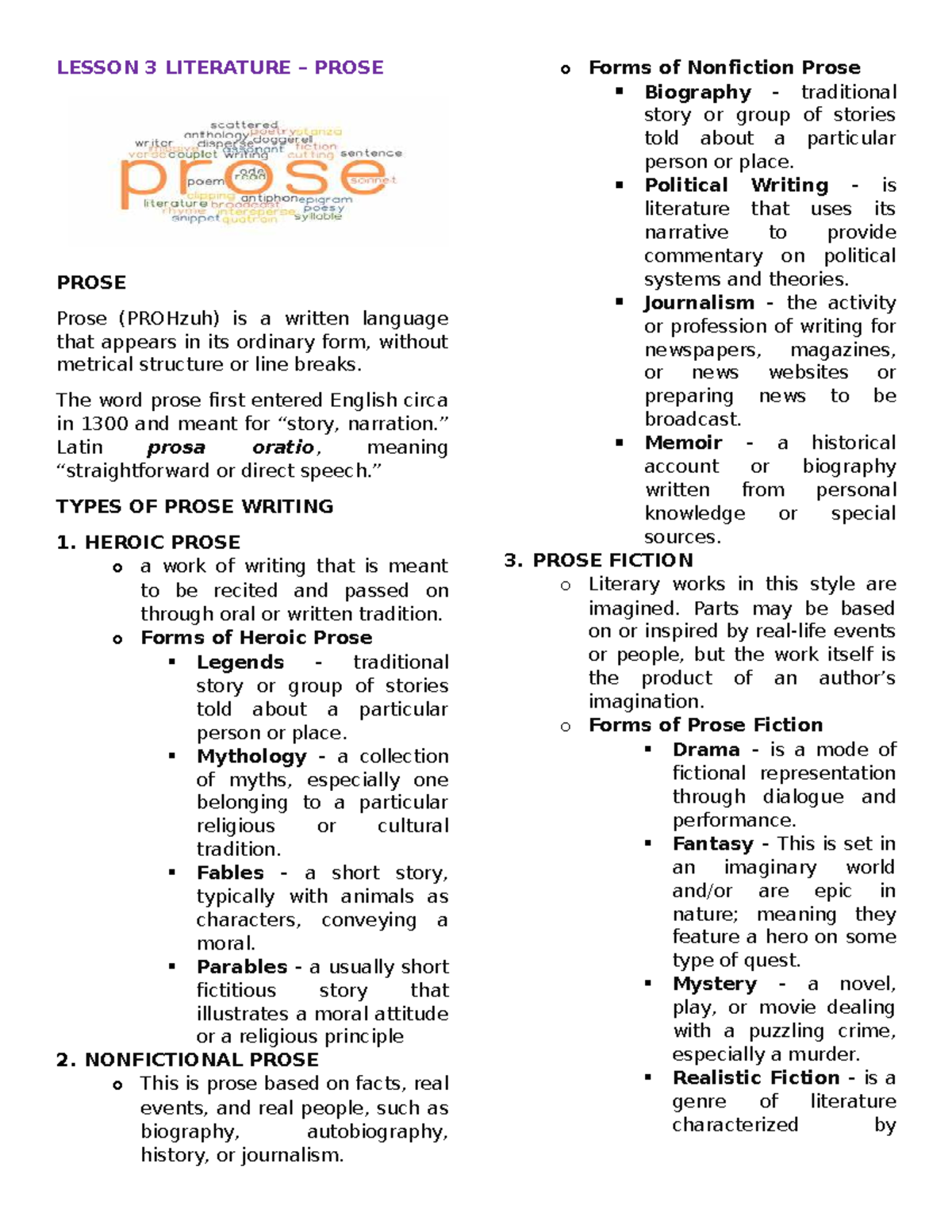 Lesson 3. Literature - FASFSF - LESSON 3 LITERATURE – PROSE PROSE Prose ...