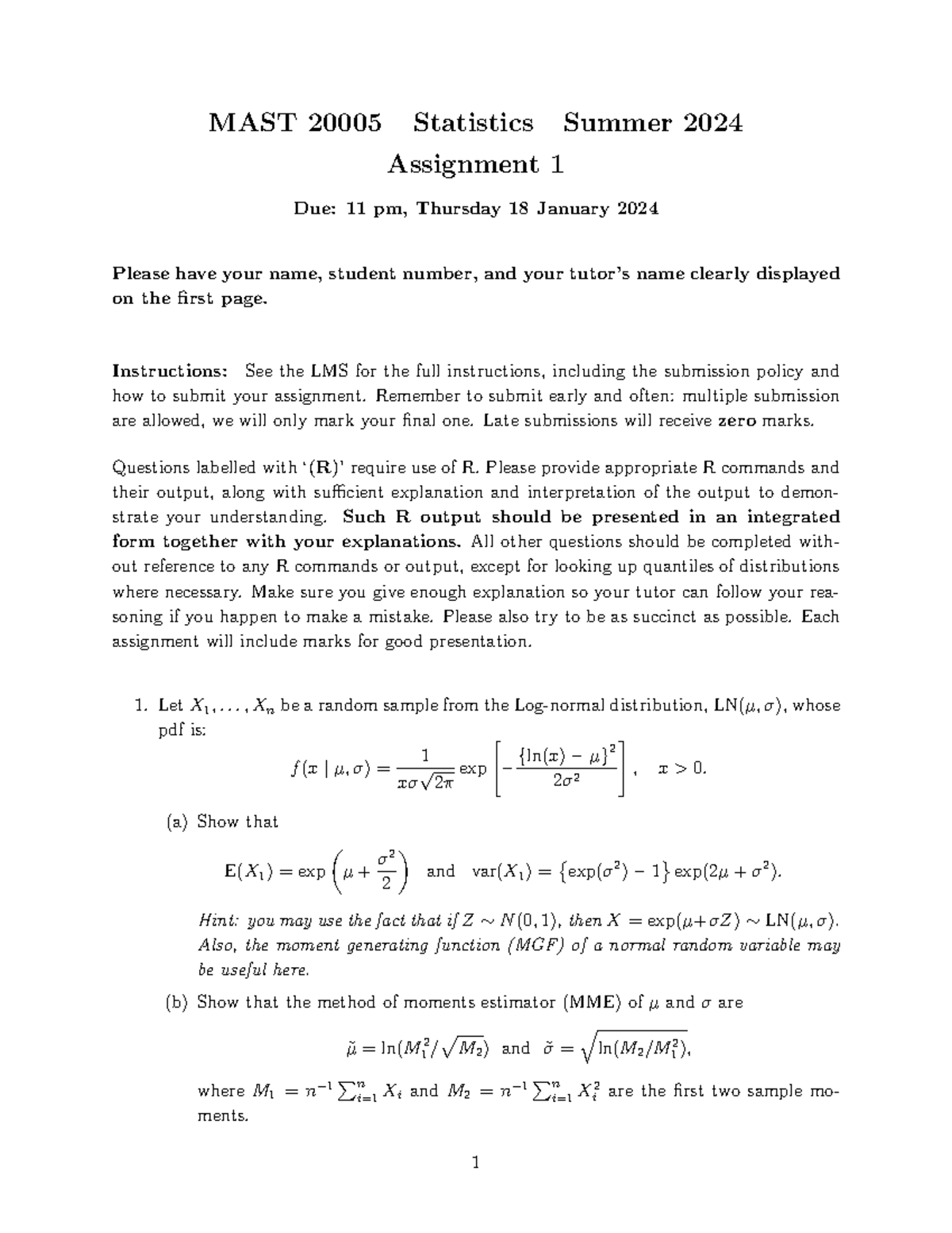 MAST 2000 5 assignment 1-1 - MAST 20005 Statistics Summer 2024 Assignment 1 Due: 11 pm, Thursday ...