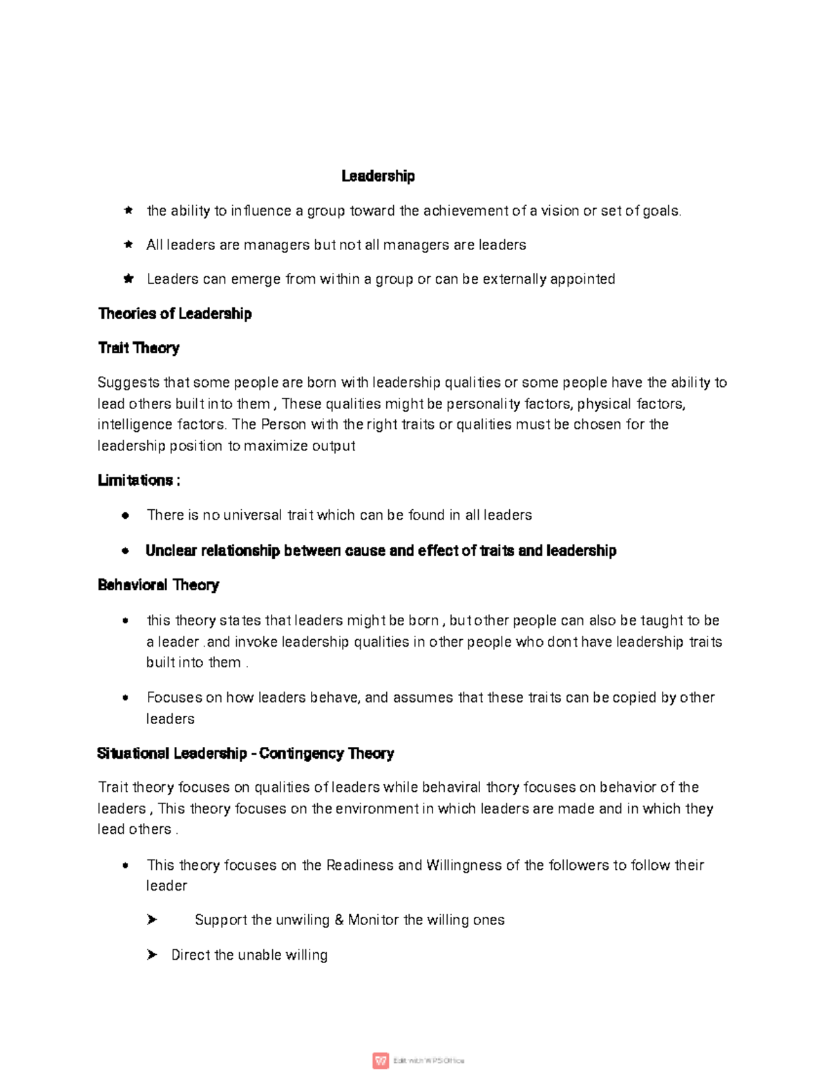 Leadership - lec notes - Leadership the ability to influence a group ...