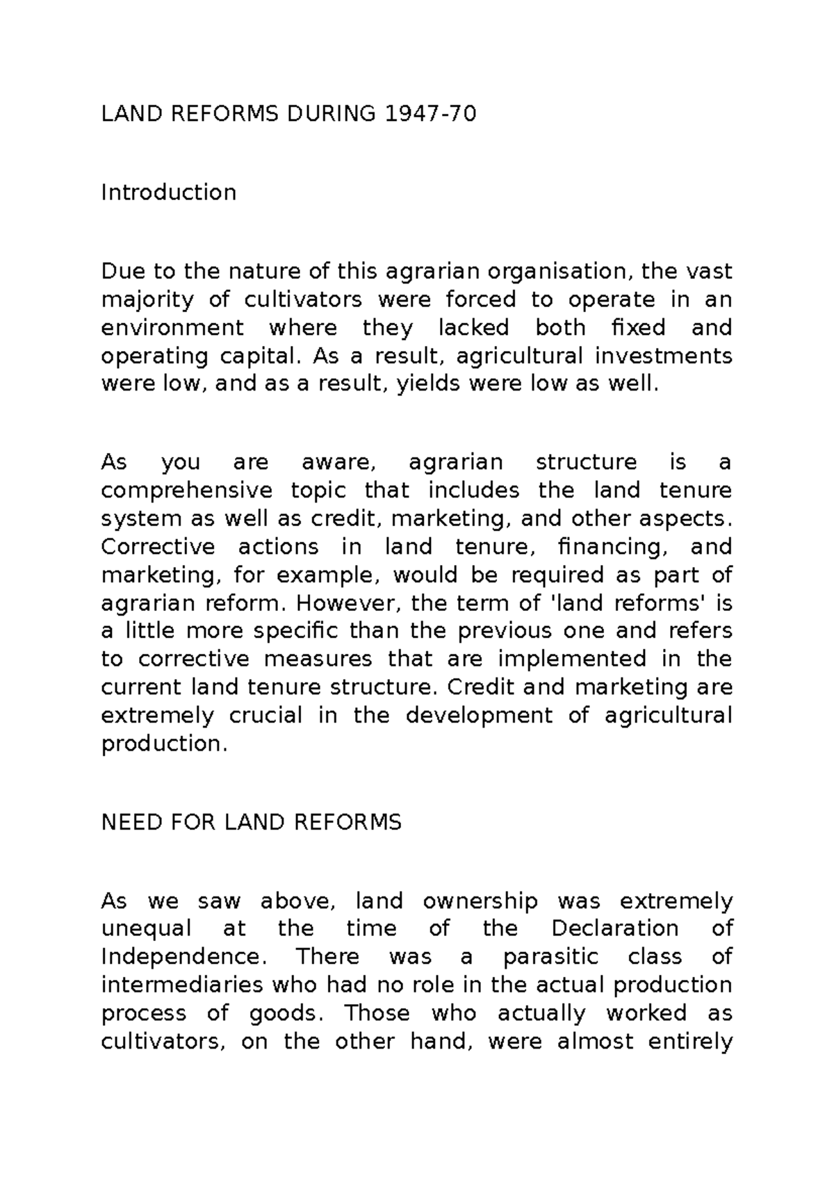 LAND Reforms During 1947-70 - Agricultural Economics - AMU - Studocu