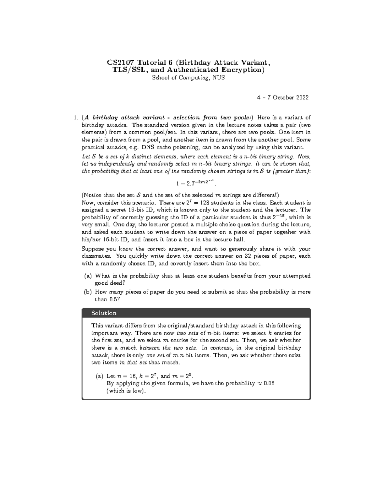 CS2107 Tutorial 6 Answers - CS2107 Tutorial 6 (Birthday Attack Variant, TLS/SSL, and ...