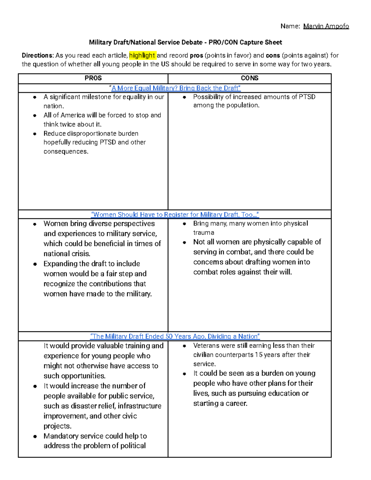 Marvin Ampofo - Copy of Military Draft National Service Debate - PRO ...