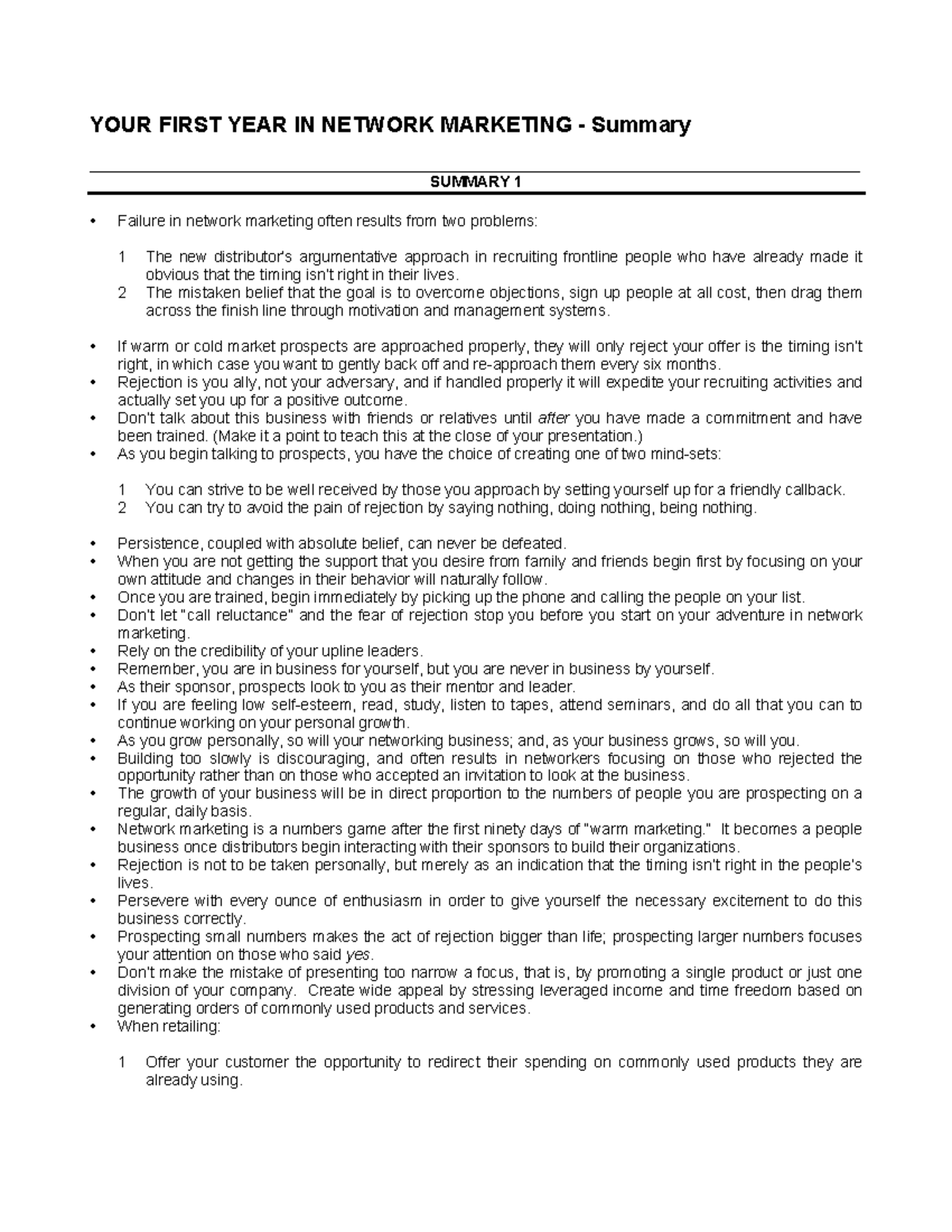 1st-year-in-network-marketing summary - YOUR FIRST YEAR IN NETWORK ...