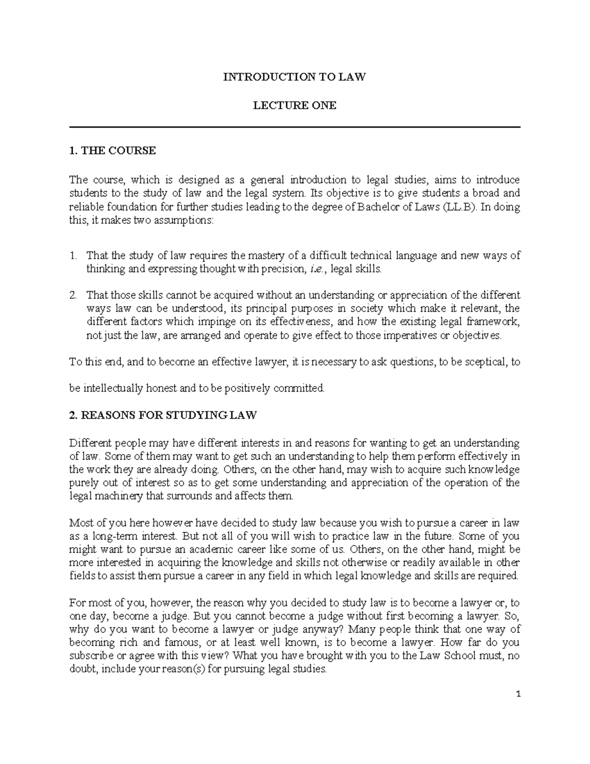 Introduction to Law LLB1 (L) Notes - INTRODUCTION TO LAW LECTURE ONE 1 ...