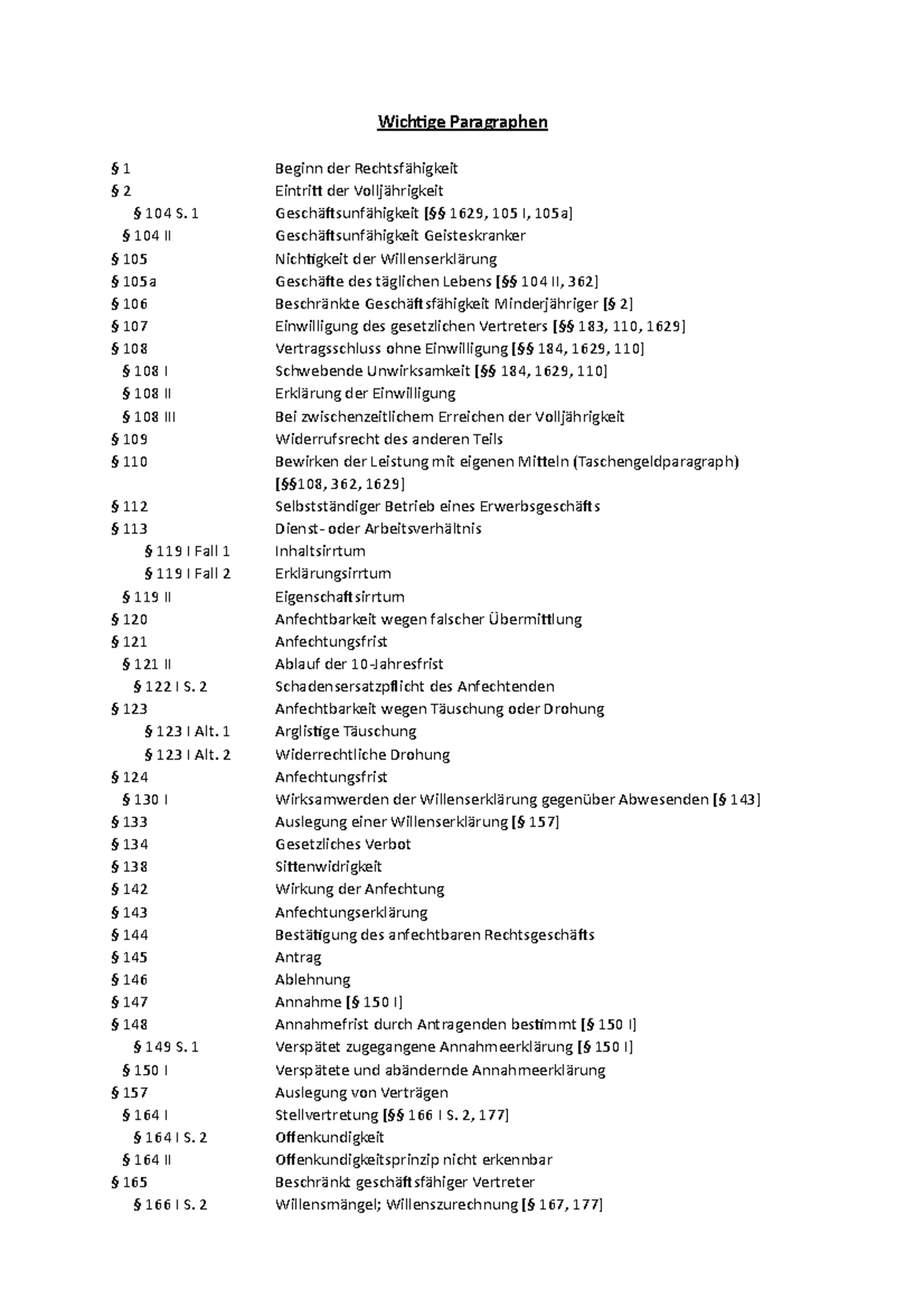 Zusammenfassung Paragraphen - Wichtige Paragraphen 104 S. 1 104 II 105 ...