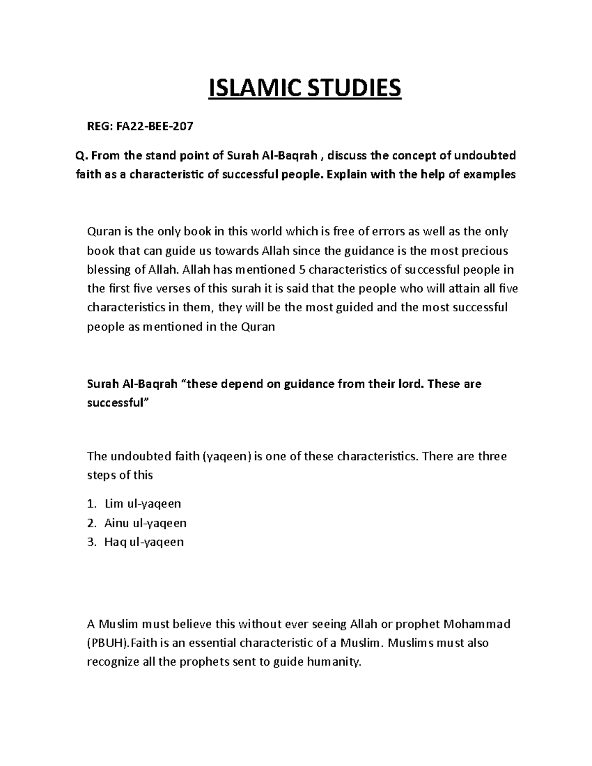 Islamic Studies assignment 2 send - ISLAMIC STUDIES REG: FA22-BEE- Q ...