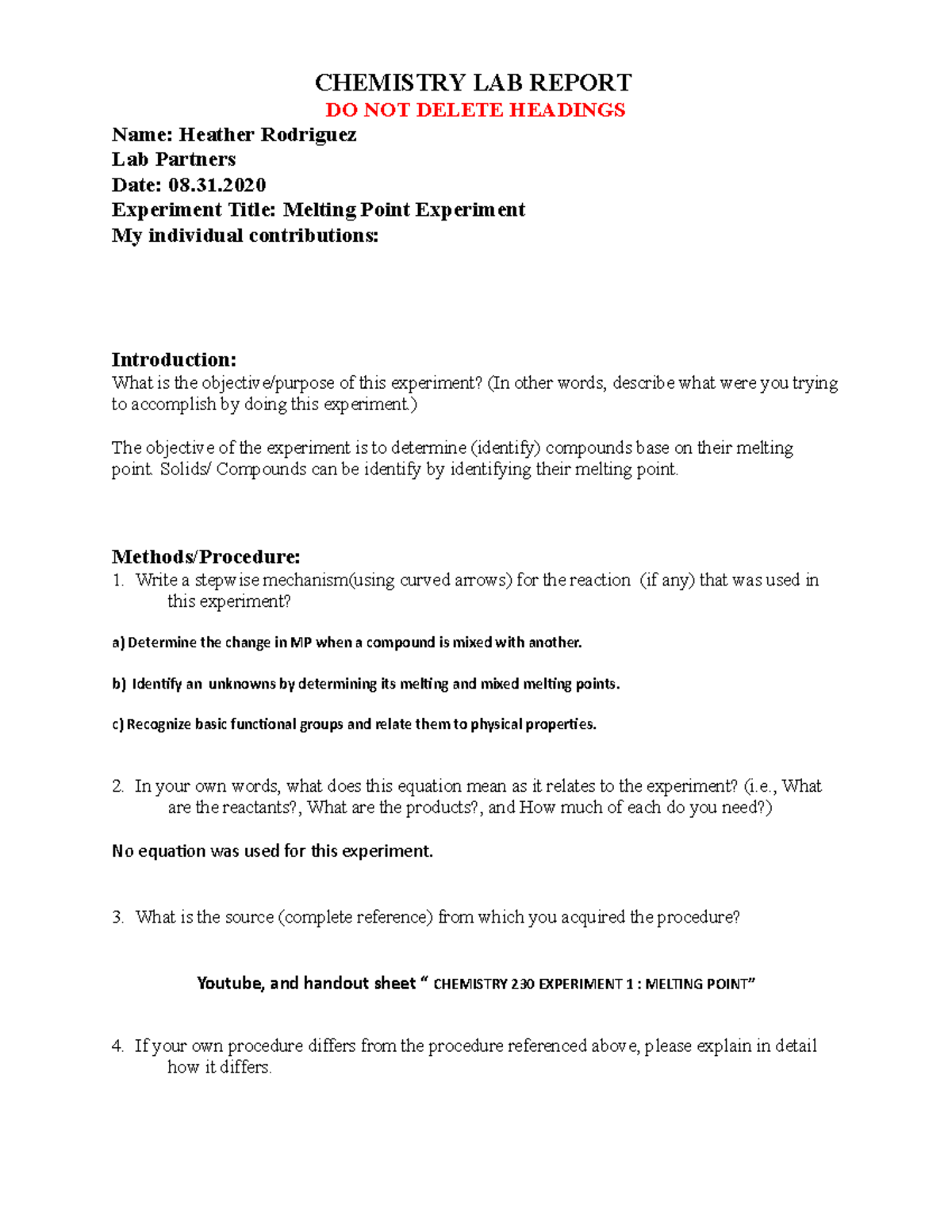 Chemistry LAB DONE Melting Point - CHEMISTRY LAB REPORT DO NOT DELETE ...