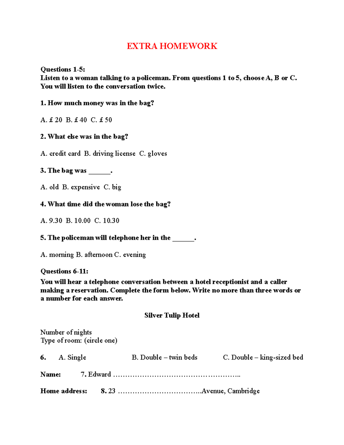 SEC - Extra Homework - Dành cho bài kiểm tra đầu vào - EXTRA HOMEWORK ...