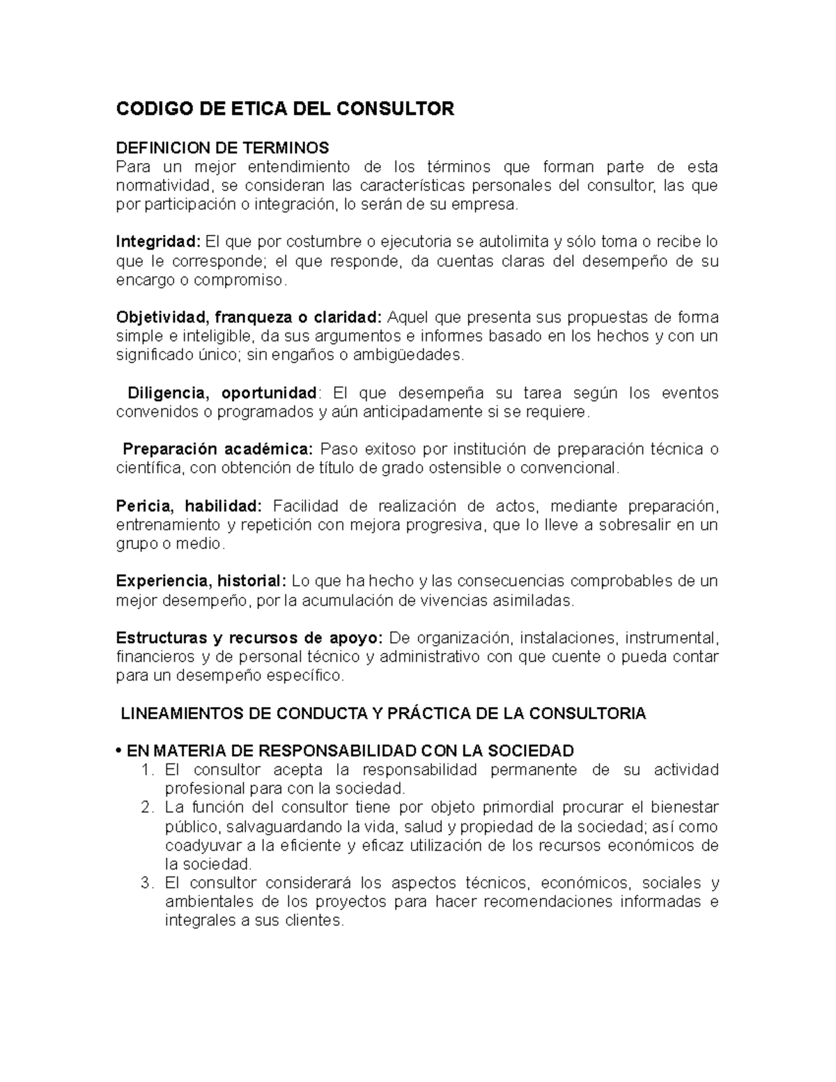 Generalidades DE LA Consultoria - CODIGO DE ETICA DEL CONSULTOR ...