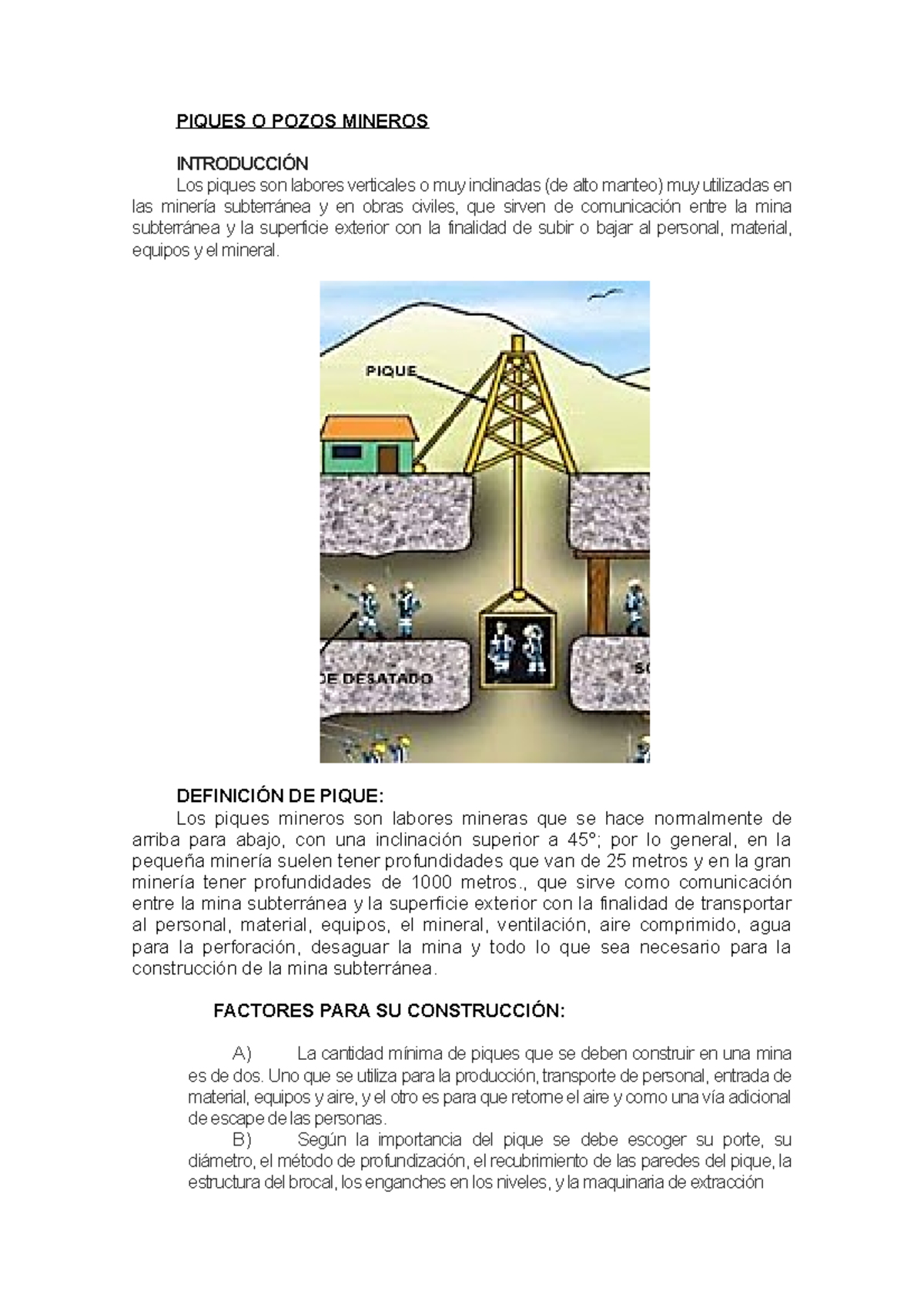 391866212-11133 - piques - PIQUES O POZOS MINEROS INTRODUCCIÓN Los ...