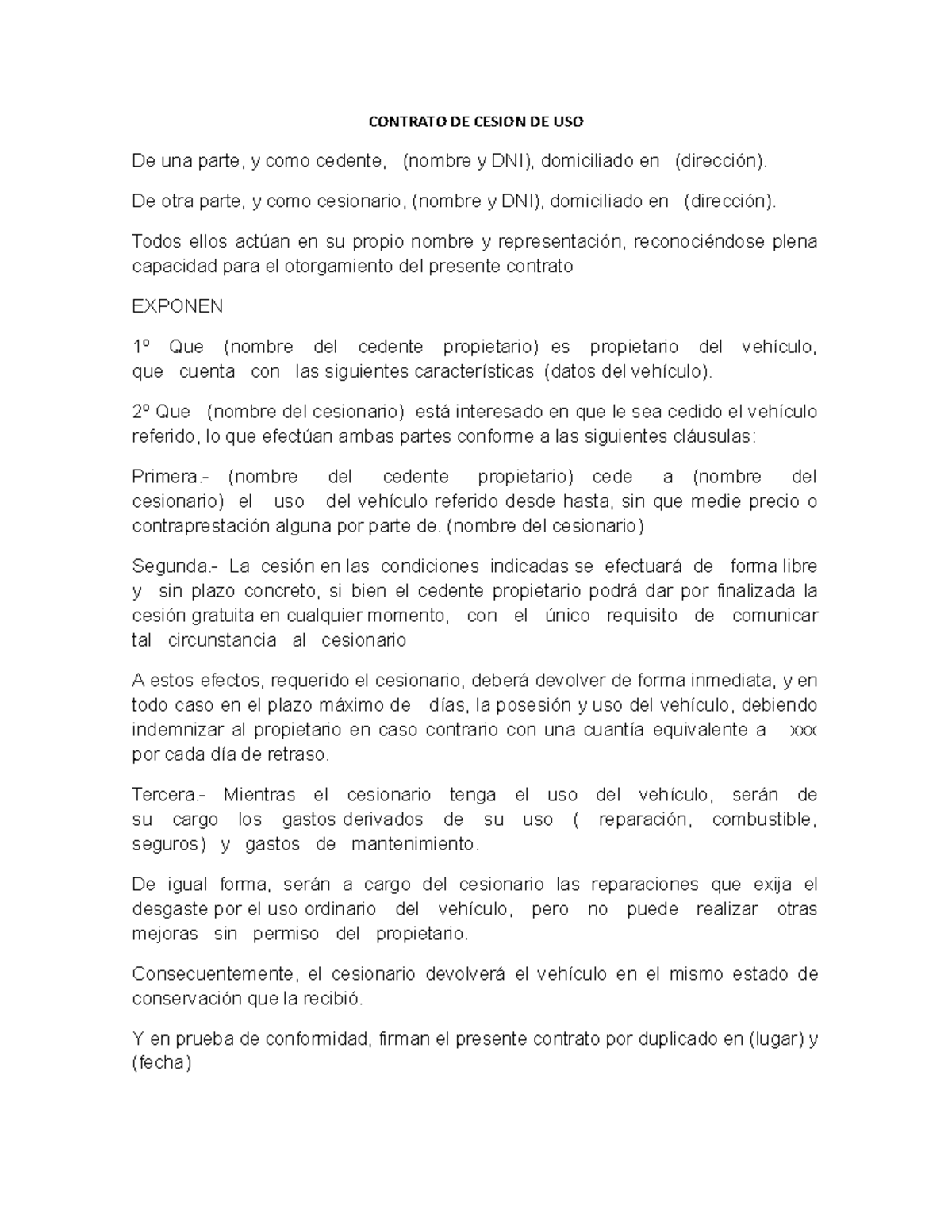 Contrato DE Cesion DE USO - CONTRATO DE CESION DE USO De una parte, y ...