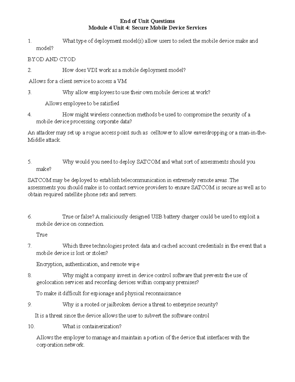 End of Unit Questions M-4 U-4 Secure Mobile Device Services S - End of ...