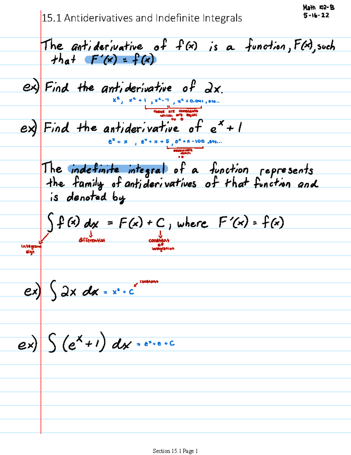 Math 102-b, 5-16-22 notes - 15 Antiderivatives and Indefinite Integrals ...