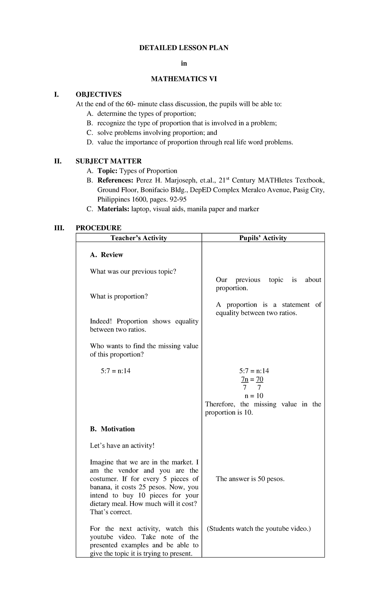 Sample-Lesson-Plan - N/A - DETAILED LESSON PLAN in MATHEMATICS VI I ...