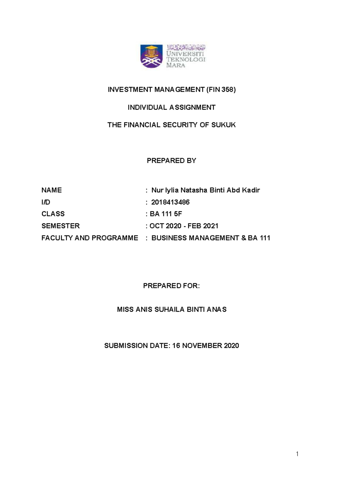 The Financial Security of Sukuk FIN358 - 1 INVESTMENT MANAGEMENT (FIN ...